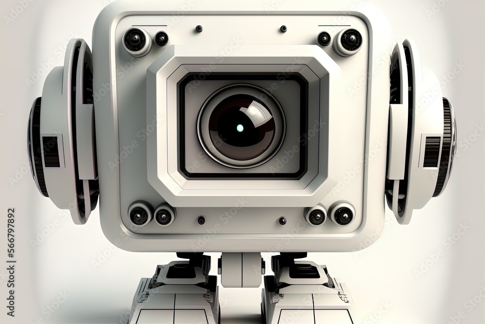 Square, white, and modern robot mascot with a single red eye and ...