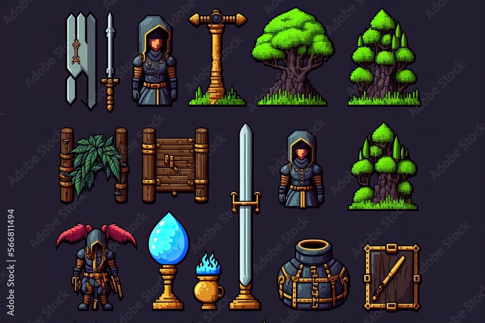 Illustration of indie game assets - 8 bit /16 bit pixel art lookalike ...