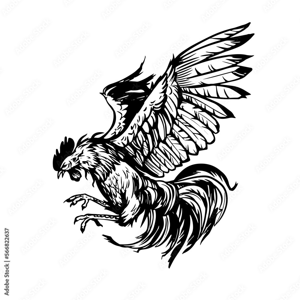 Rooster fighing, angry, hand drawn vector sketch illustration. Black on ...
