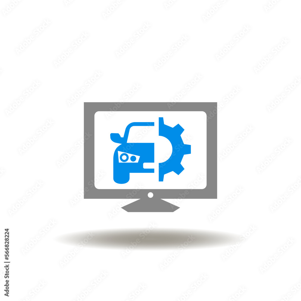 Vector illustration of monitor with car and gear. Icon of digital twin ...