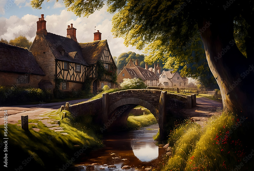 traditional English village with arched bridge, stream and half ...