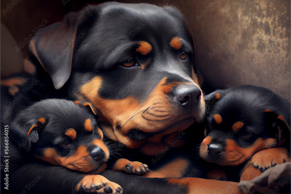 Adorable and fluffy mother Rottweiler with her cute little puppies ...