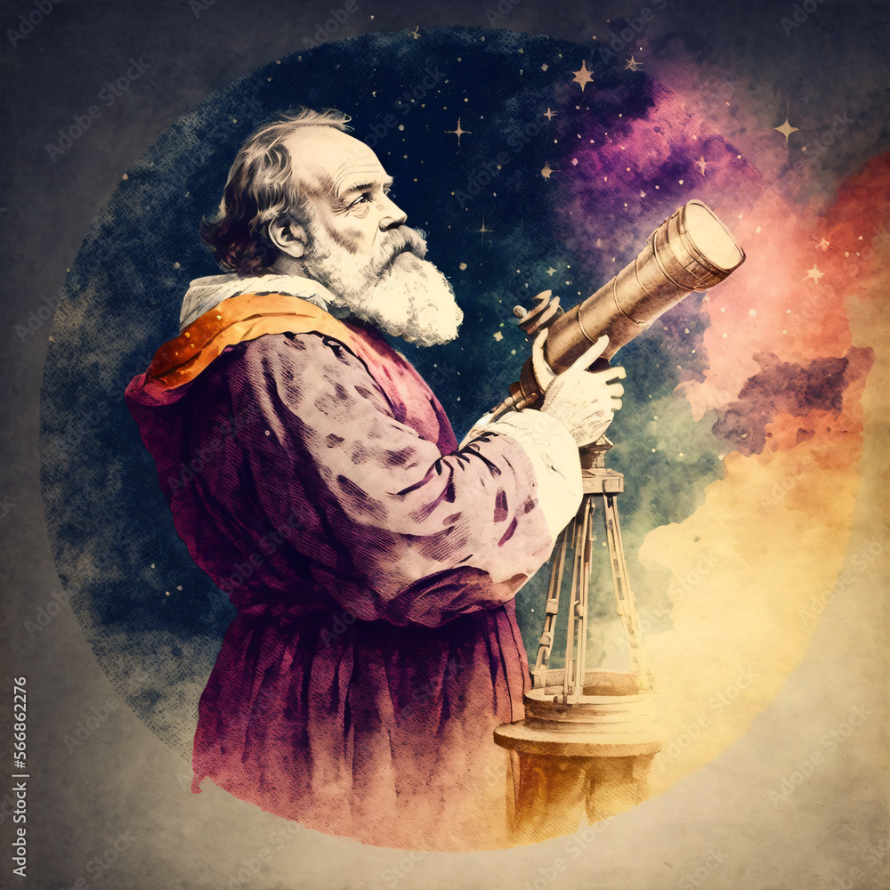 Galileo Galilei looking at the stars with a telescope watercolor ...