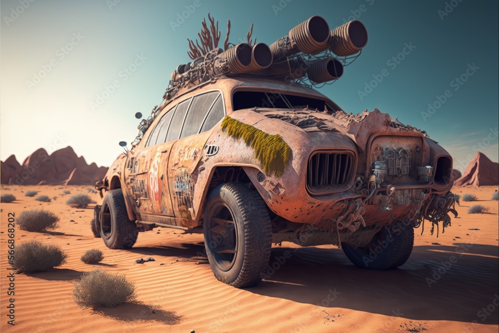 Landscape with deteriorated and rusty custom car in the desert, mad max ...