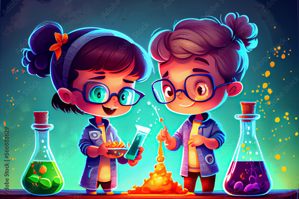 cartoon kids science experimenting chemicals National Science Day Stock ...