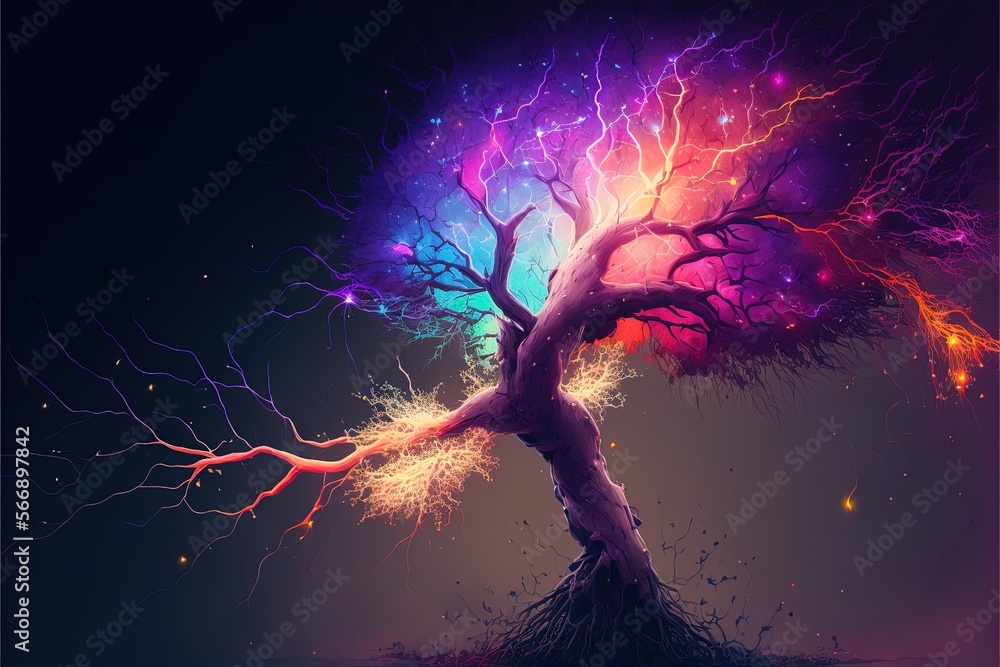 Neurons, synapses, bright colors, lightning bolts, stars, linkedin ...