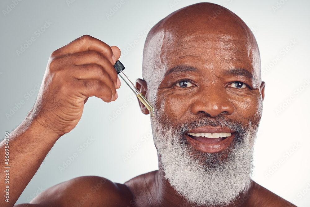 Cosmetics, black man and serum for skincare, dermatology and guy on ...