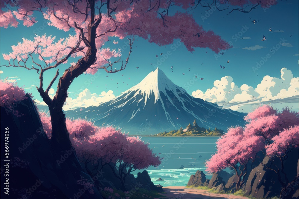Japanese Snow-capped Mountain with Cherry Blossoms in Anime Style ...