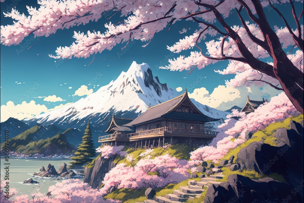 Japanese Snow-capped Mountain with Cherry Blossoms in Anime Style ...