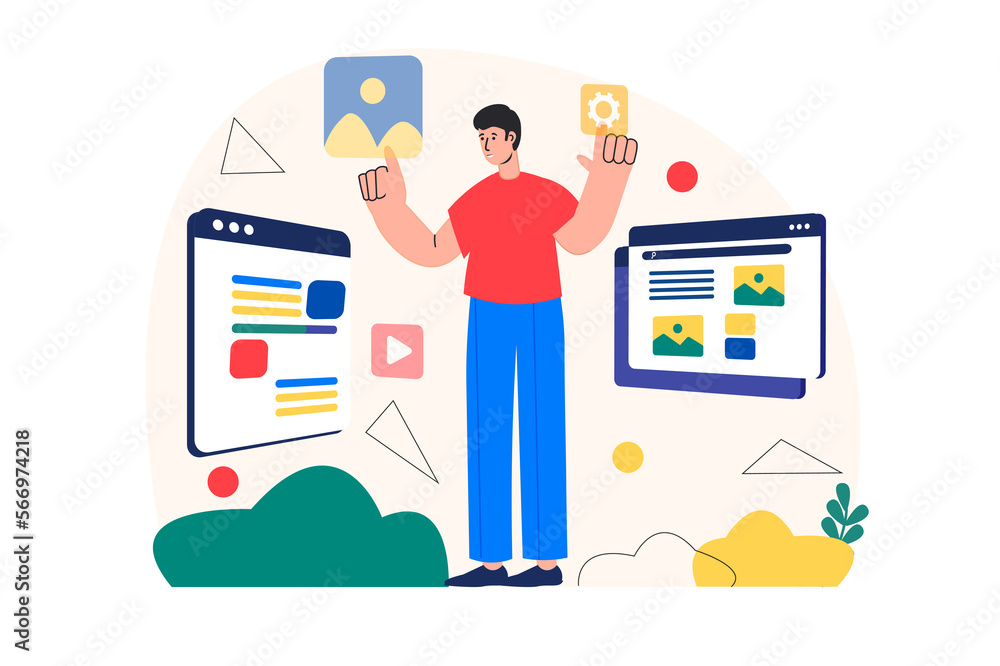 Web design concept with people scene in the flat cartoon design ...