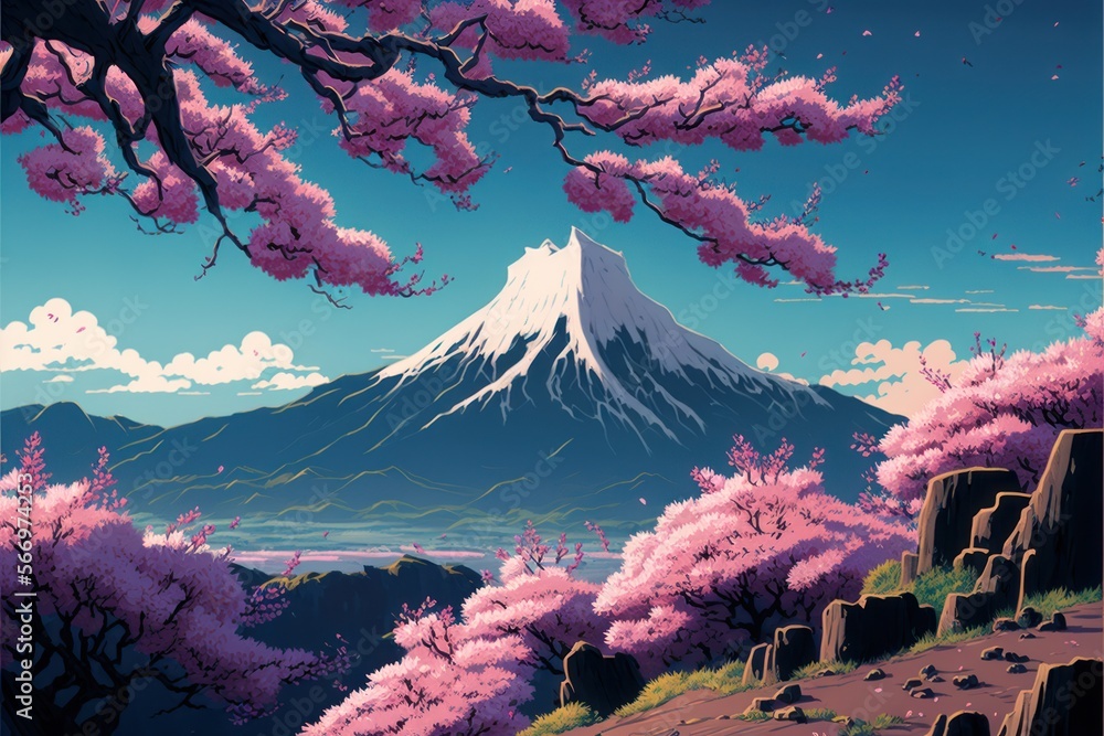 Japanese Snow-capped Mountain with Cherry Blossoms in Anime Style ...