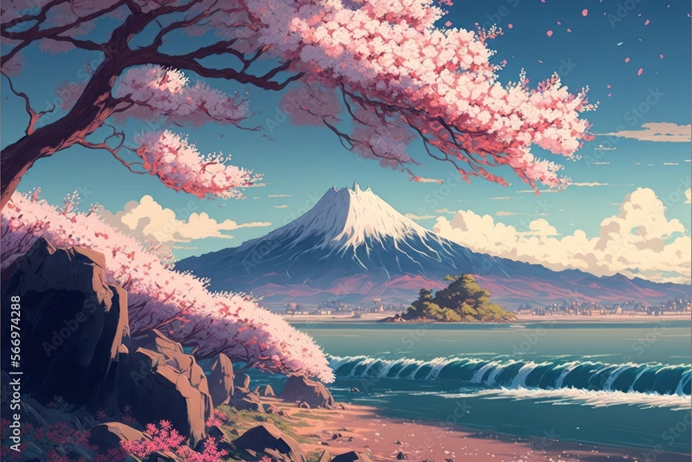 Japanese Snow-capped Mountain with Cherry Blossoms in Anime Style ...