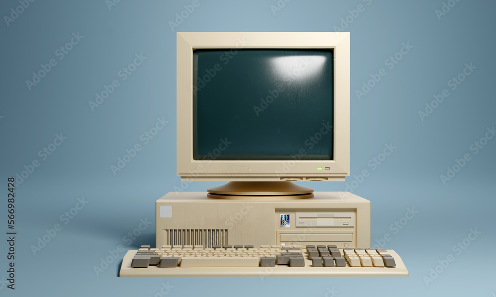 ภาพประกอบ Stock Retro 1990s style beige desktop PC computer and monitor ...