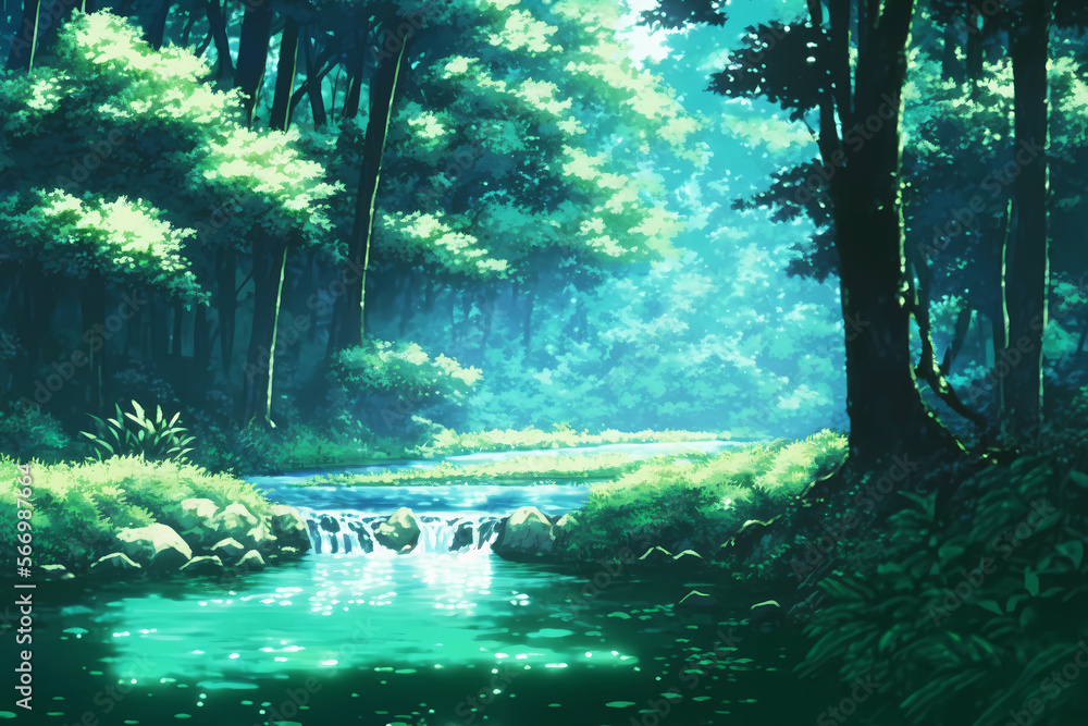 Forest Landscape with River in Anime Manga Style. IA generative Stock ...
