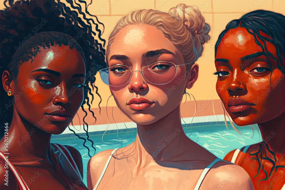 three multinational girls in swimsuits by the pool in summer on ...