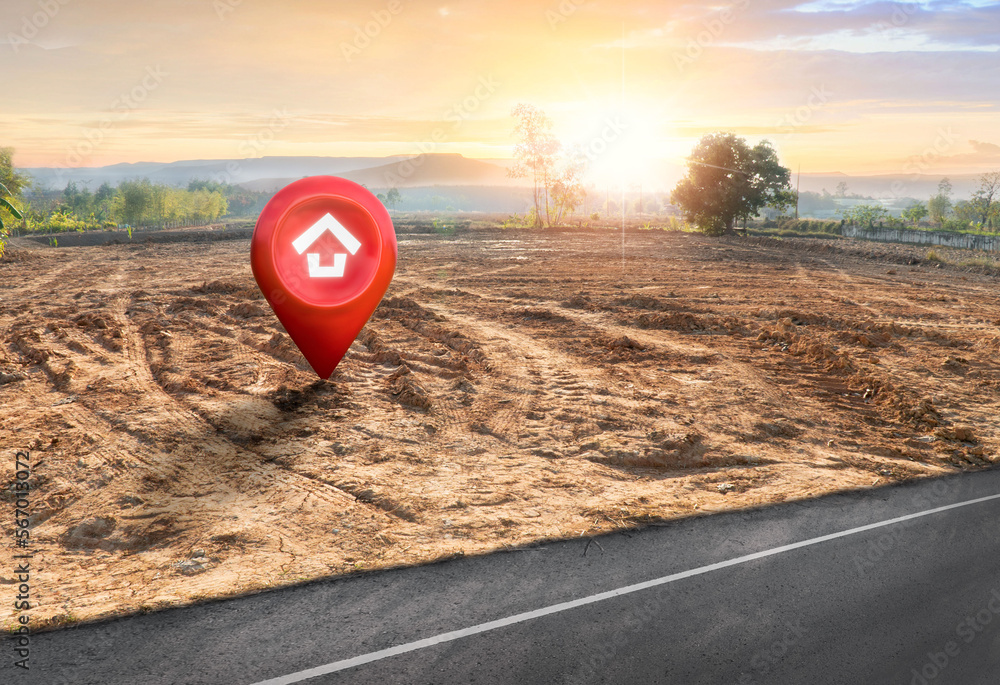 House symbol with location pin and Empty dry cracked swamp reclamation ...