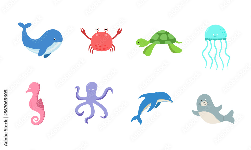 Cartoon set marine animals. Vector illustration turtle dolphin whale ...