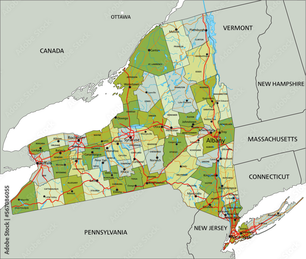 Highly detailed editable political map with separated layers. New York ...