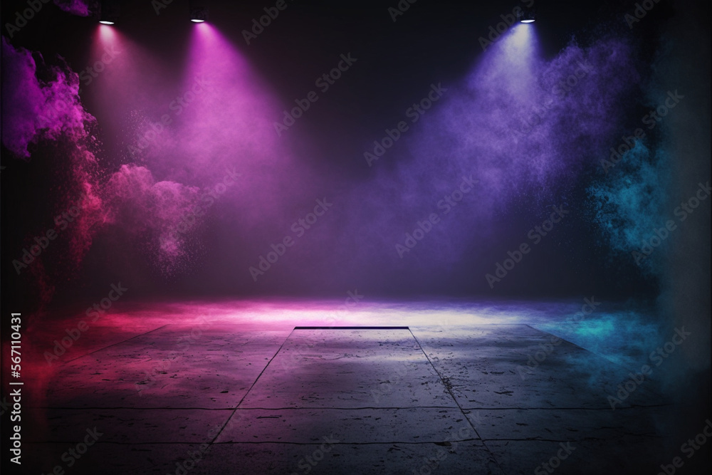 The dark stage shows, empty dark blue, purple, pink background, neon ...