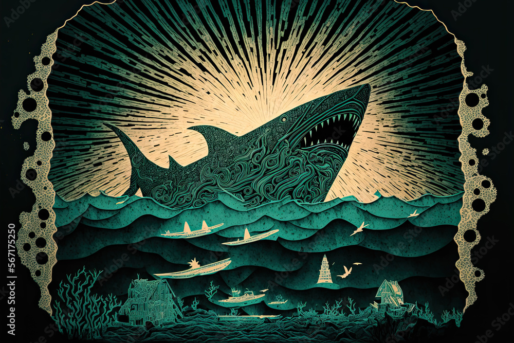 megalodon or shark seamonster, glowing full moon psychedelic vector ...