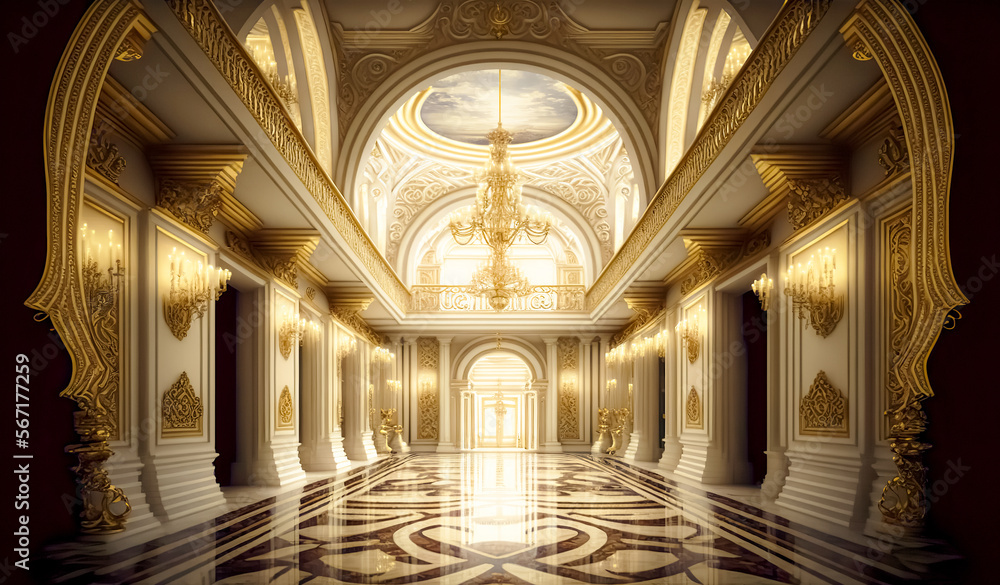 A realistic fantasy interior of the royal palace. golden palace. castle ...