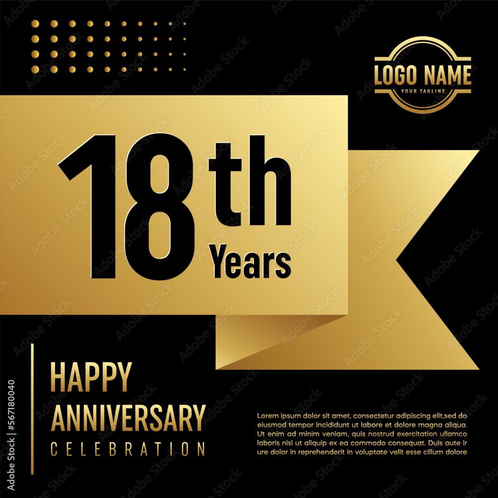18th Anniversary template design concept with golden ribbon for ...