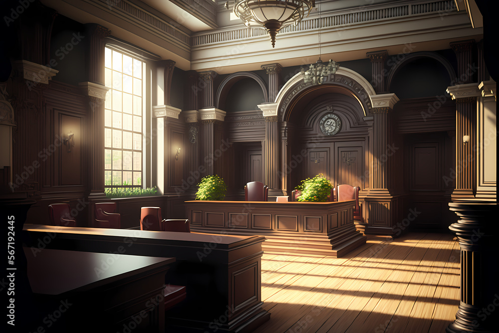 Inside of a courtroom, legal courthouse and court room interior, wood ...