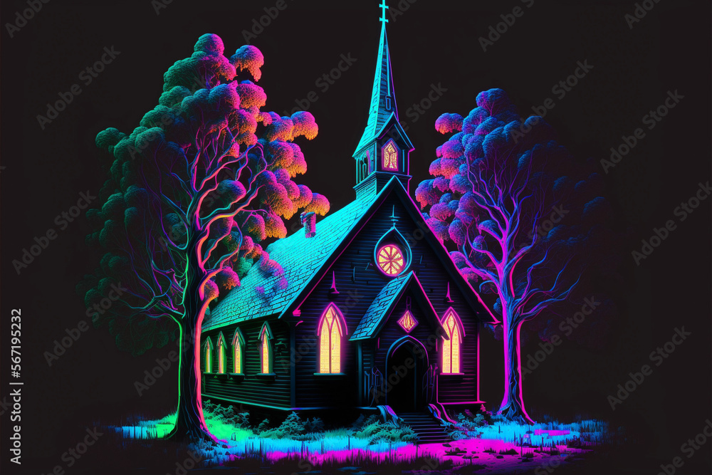 Colorful Neon Church Exterior at Night Generative AI Stock Illustration ...