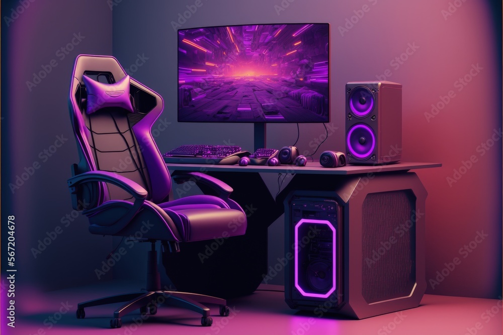 Gamer PC setup with table, chair and computer, purple background ...