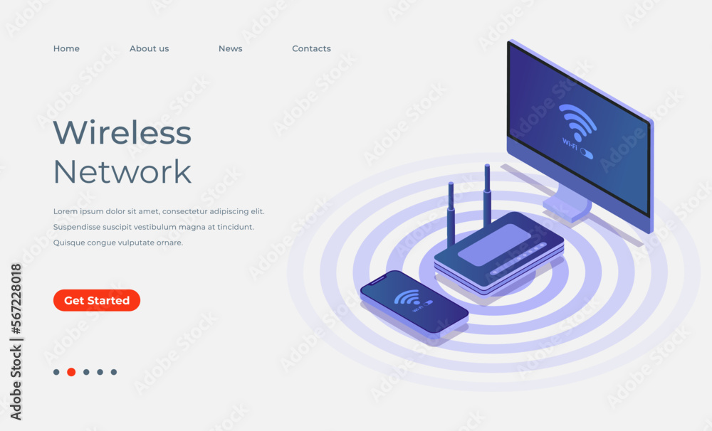 3D Isometric wireless network landing page or web banner with Wi-fi ...