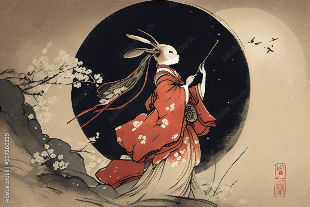 cartoon rabbit, year of rabbit, moon, wind, flower, warrior, armor, red ...