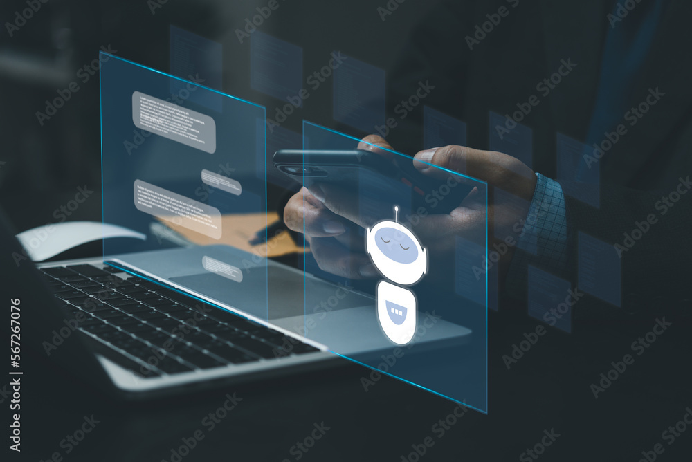 ChatGPT Chat with AI or Artificial Intelligence. Digital chatbot, robot application, OpenAI ...