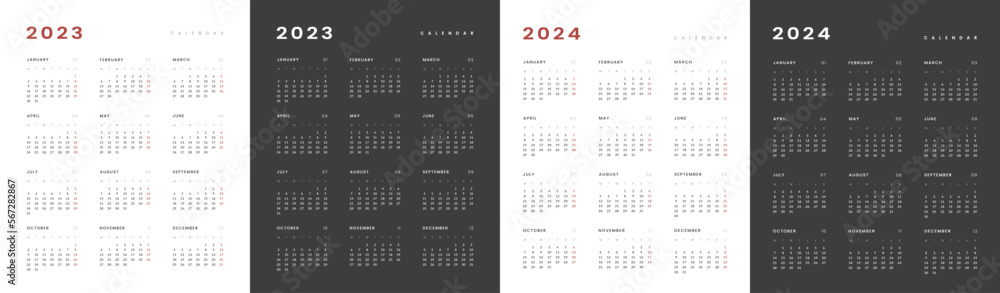 Set of 2023-2024 Annual Calendar template. Vector layout of a wall or ...
