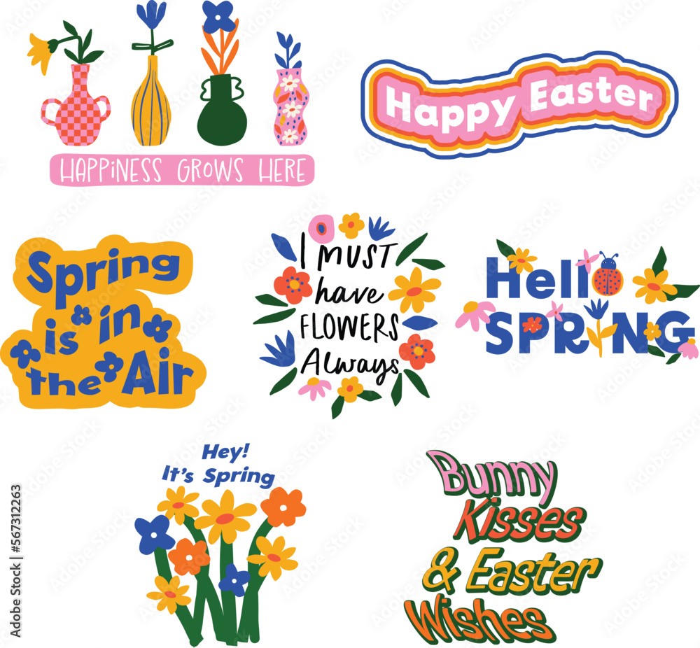 Cute set of colorful matisse style spring illustrations of floral ...