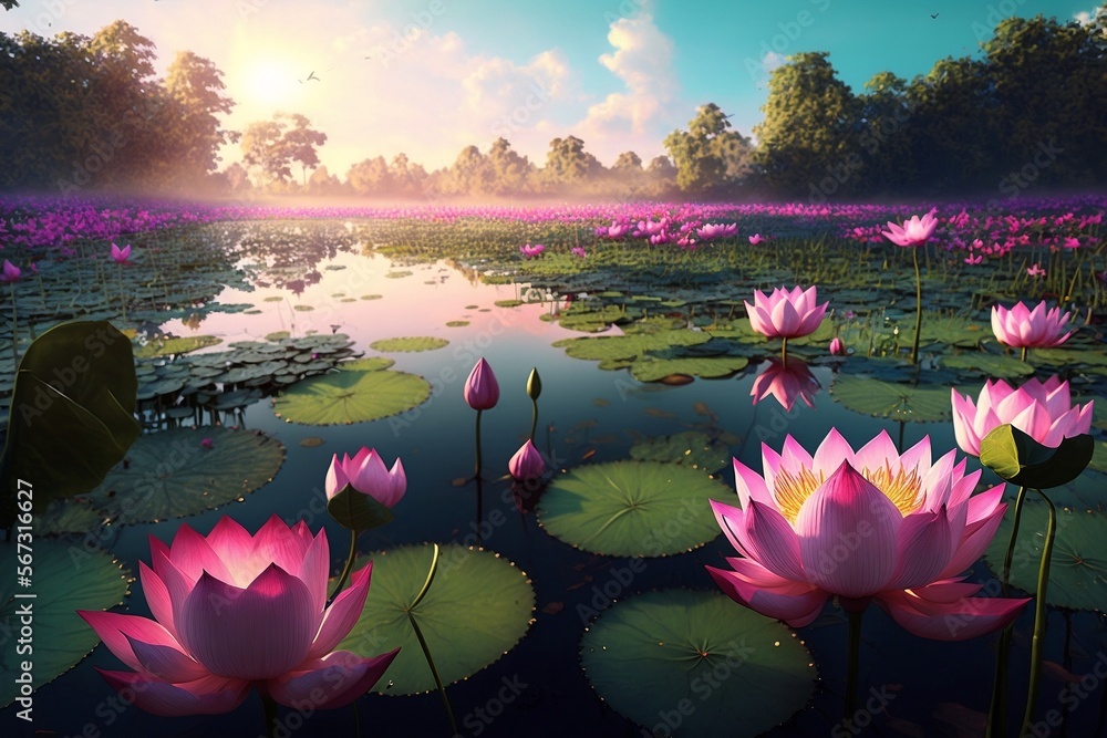The pond is full of colorful lotus flowers,The pink lotus is very clear ...