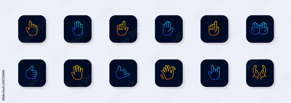 Hand gesture icons set. Thumbs up, okay, hello, cool, high five, bye ...