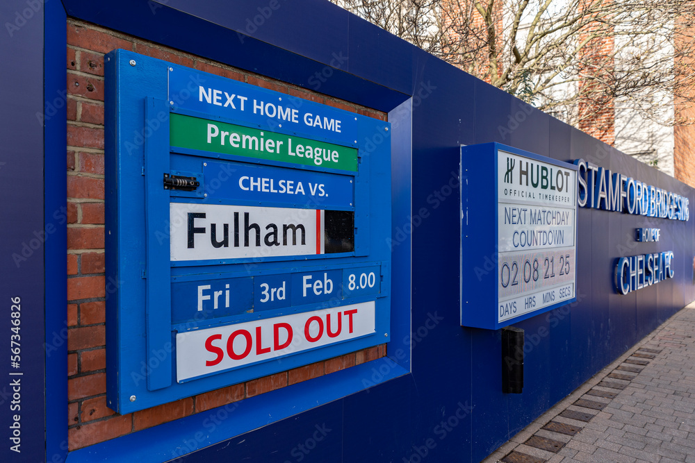 Chelsea Football Stadium sign at the front of Stamford Bridge Stadium ...