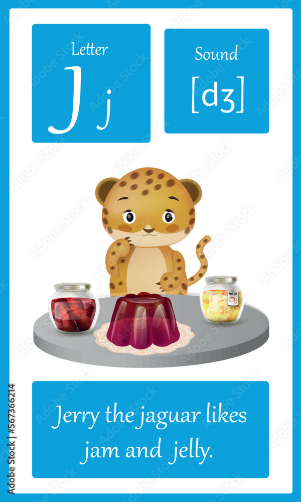 Vector de Stock Colorful alphabet letter J. Phonics flashcard with ...
