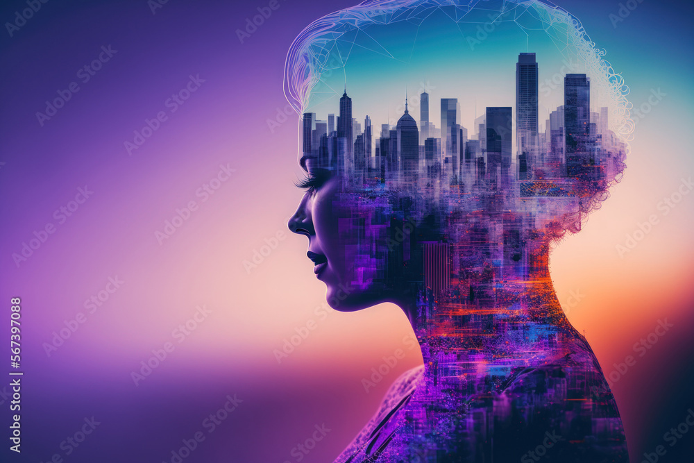 Holographic representation of a human head in an abstract virtual AI ...
