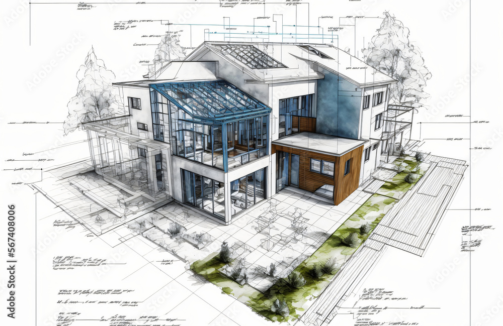Ilustración de Stock building project plan blueprint of a modern house. Designed using ...