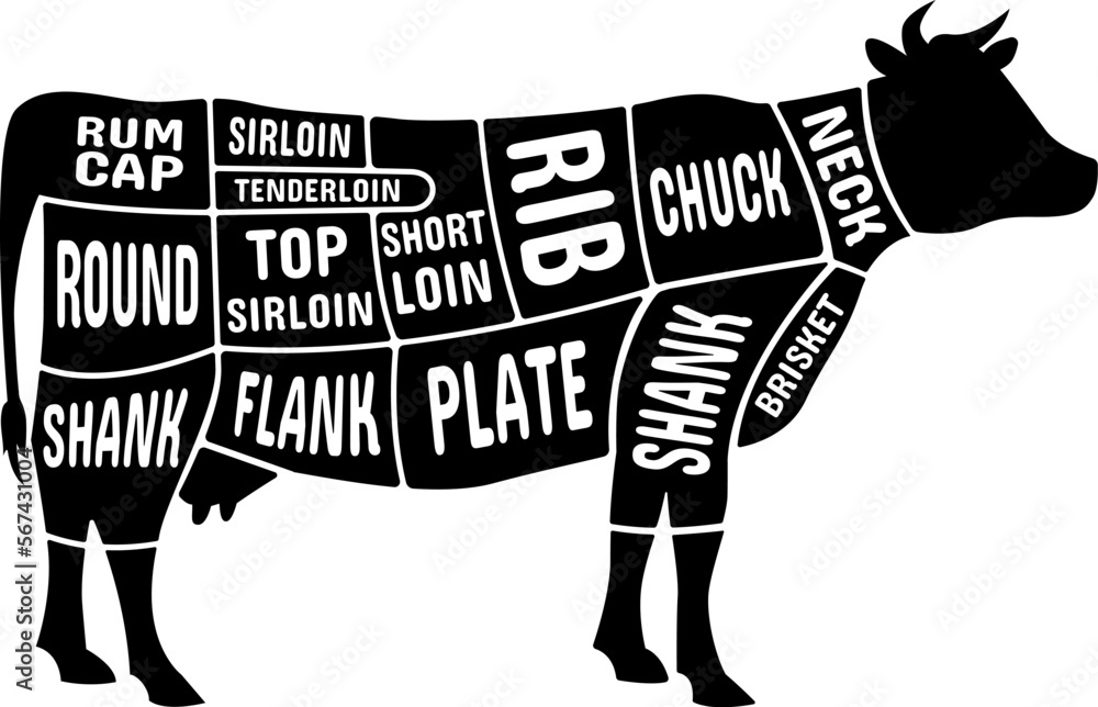 Beef butcher scheme. Cow silhouette with cutting diagram Stock Vector ...