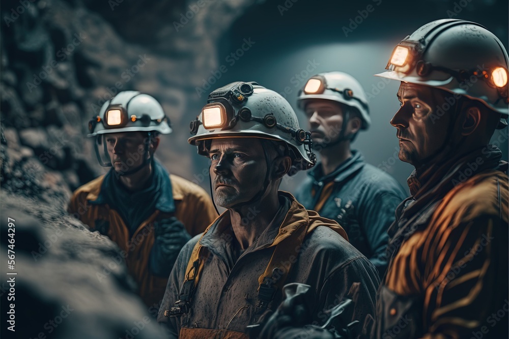 High resolution illustration with a group of miners in a mine, safety ...