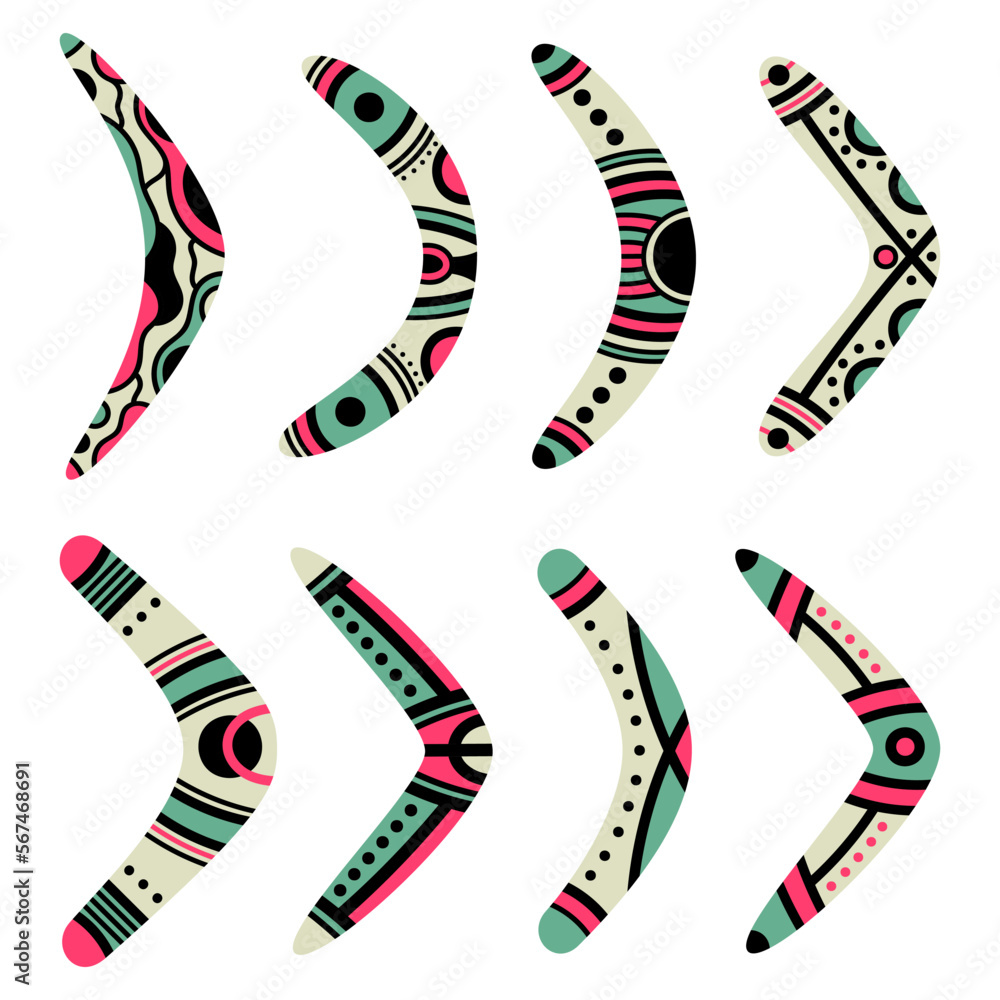 Cartoon australian boomerangs. Aboriginal curved wooden traditional ...