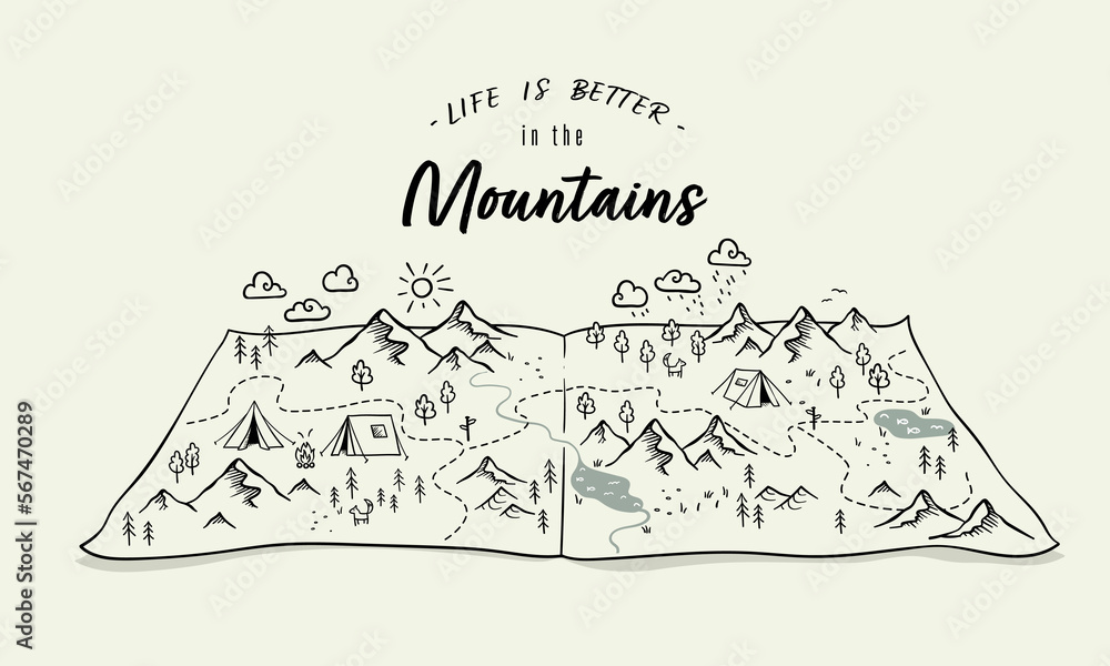 Cute hand drawn map with mountains, tents, trees, hills. 3d illustrated ...
