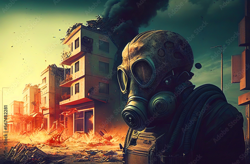 Gas mask on man during explosion. Chemical weapons against civil ...