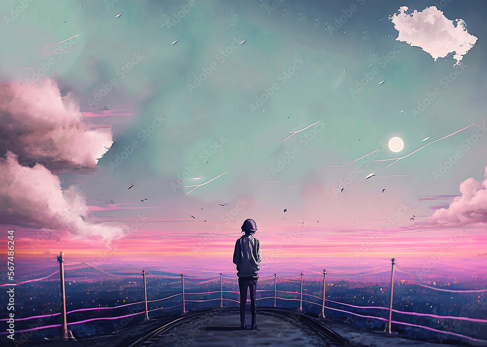 alone anime boy standing on a cliff Stock Illustration | Adobe Stock