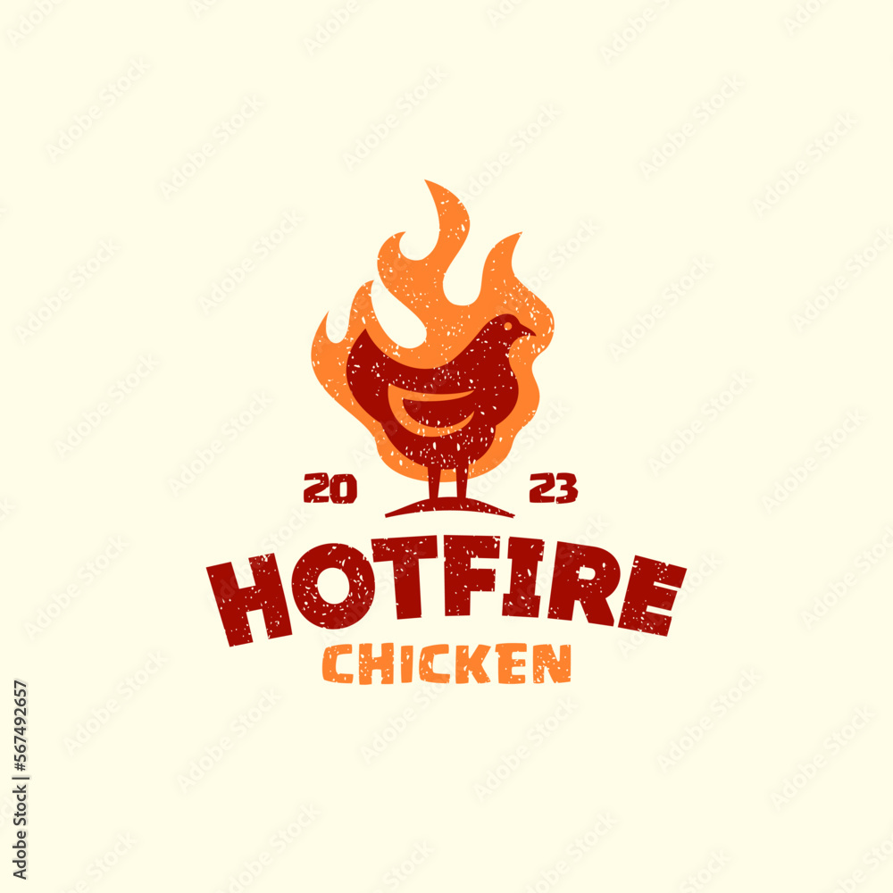 HOT chicken logo. chicken fire logo in rustic vintage, hen head with ...