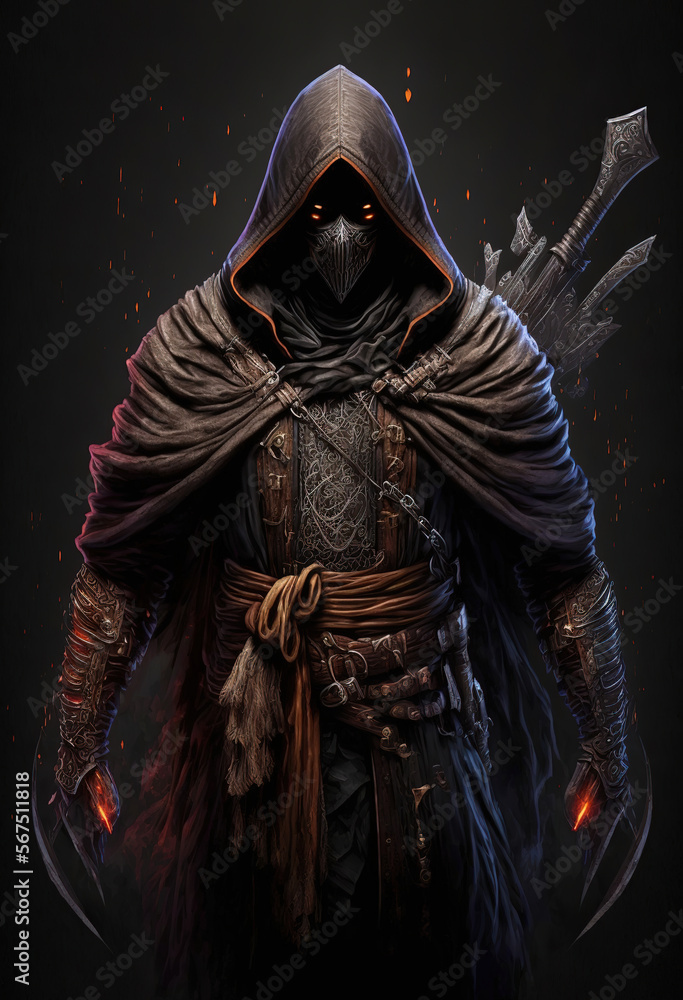 assassin in a hoodie with a dagger, full body, RPG game character, dark ...