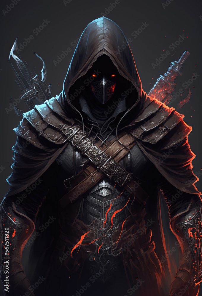 assassin in a hoodie with a dagger, full body, RPG game character, dark fantasy character, art ...