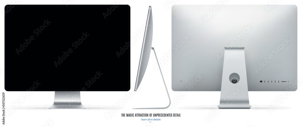 computer monitor silver color with black screen front, back and side ...